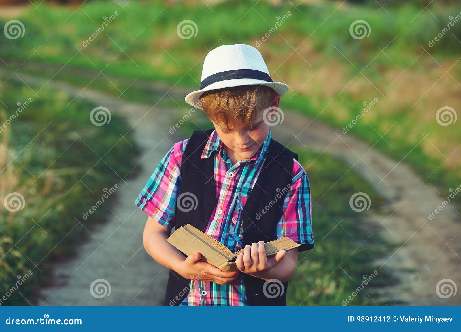 Ragazzo Che Legge Un Libro Nel Campo Fotografia Stock - Immagine di ...