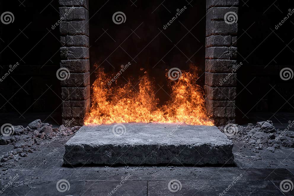 Raging Fire in a Dark Stone Archway Stock Illustration - Illustration ...