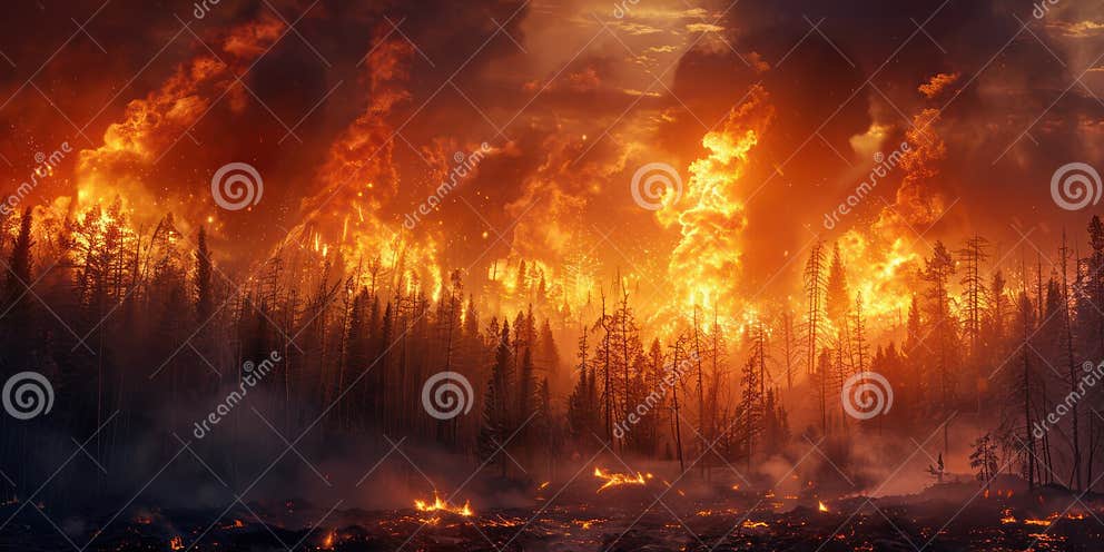 A Raging Forest Fire Burns through the Trees, Consuming Everything in ...