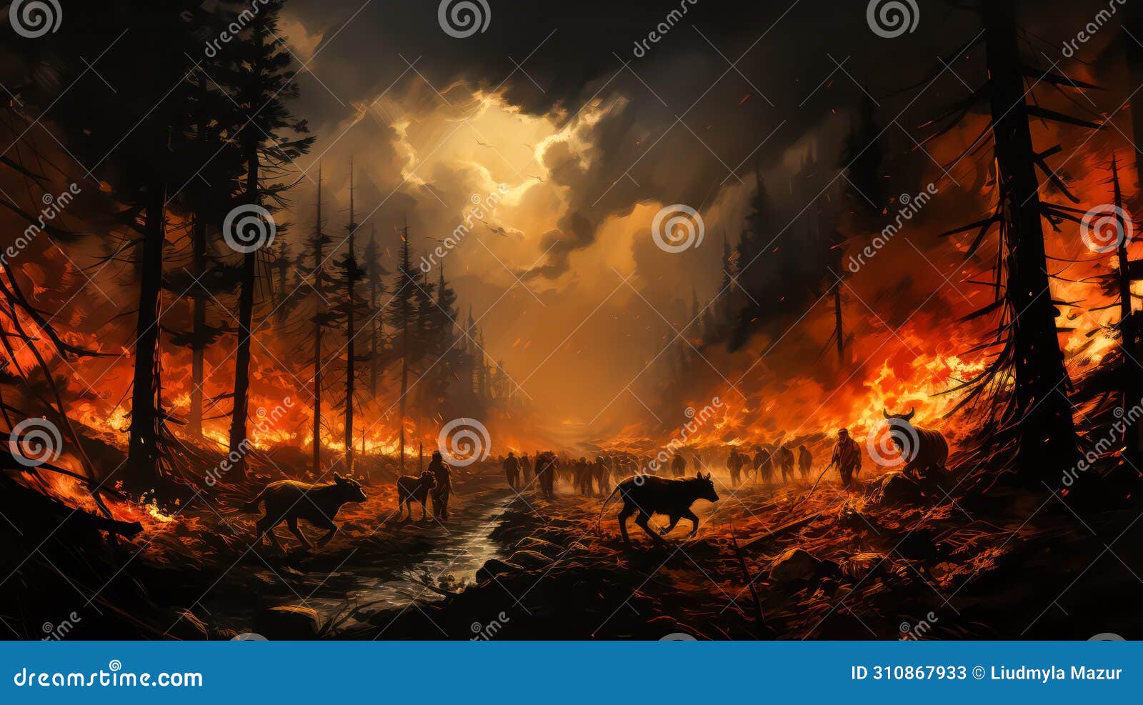 A Raging Forest Fire Engulfs Trees and Wildlife in Its Path Stock Image ...