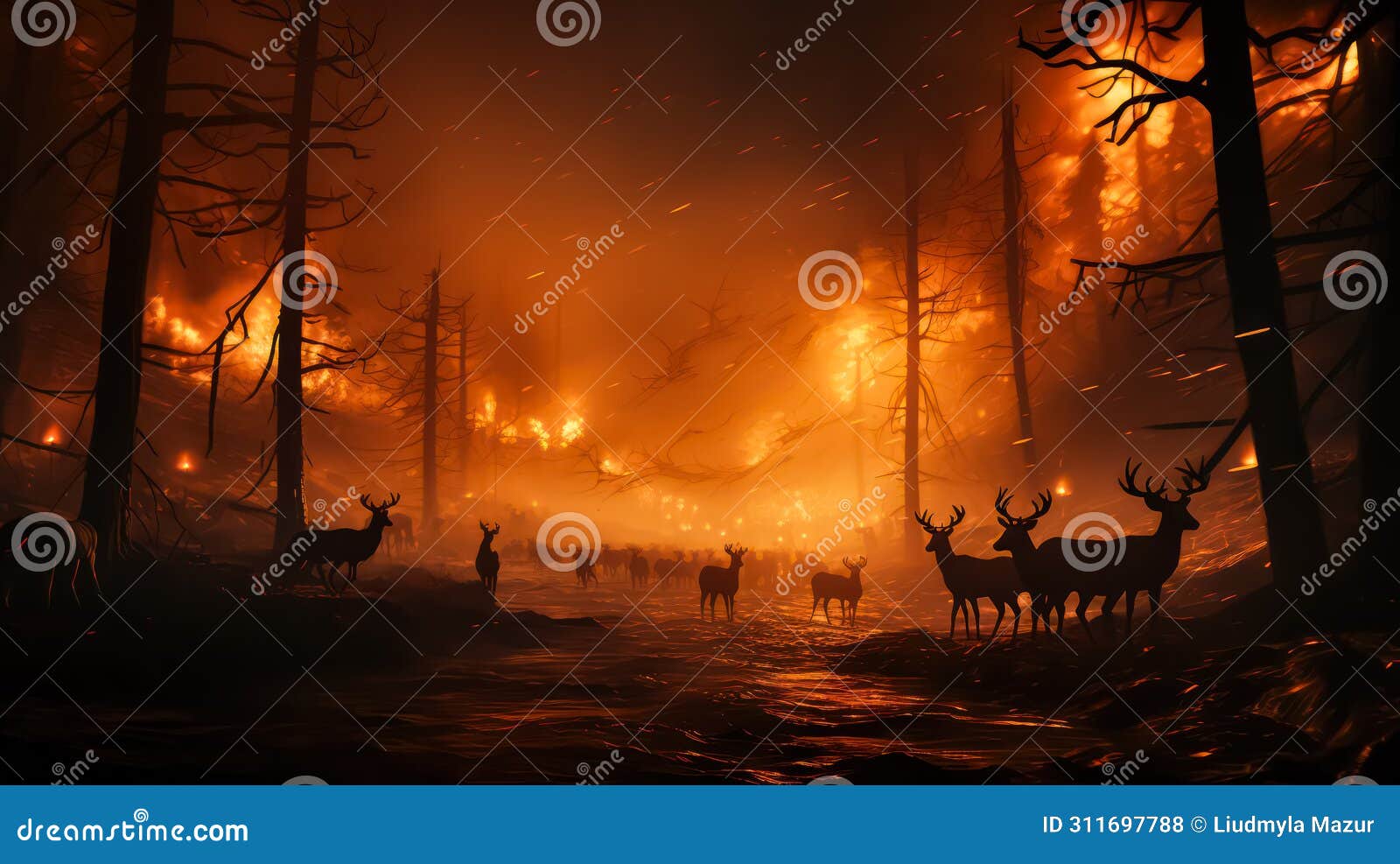 A Raging Forest Fire Engulfs Trees and Wildlife in Its Path Stock Photo ...