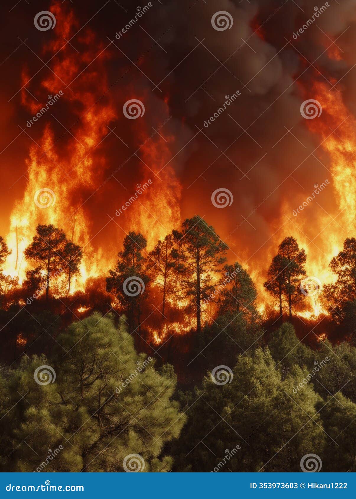 A Raging Forest Fire in the Pine Trees, with Flames Reaching for the ...