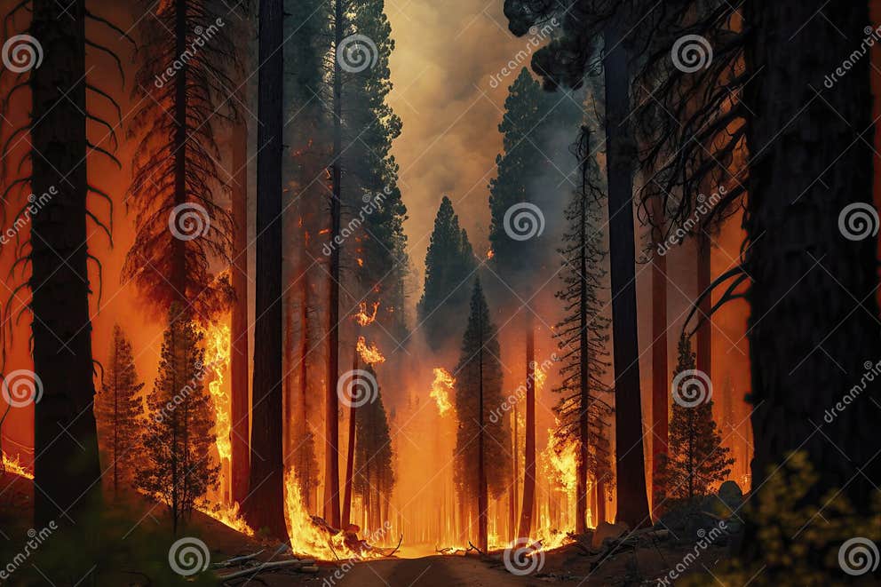 Raging Forest Fire with Towering Flames and Thick Smoke Stock ...