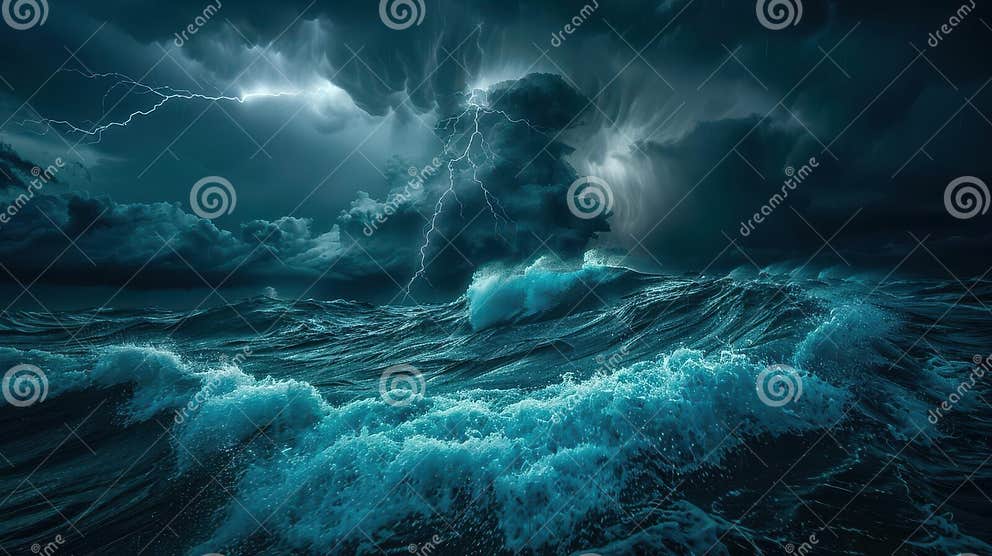 Raging Ocean Thunderstorm with Dramatic Lightning and Waves Stock ...