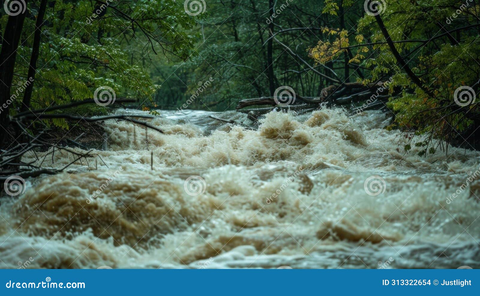 A Raging River Swollen by the Constant Deluge of Rain Rushing through ...