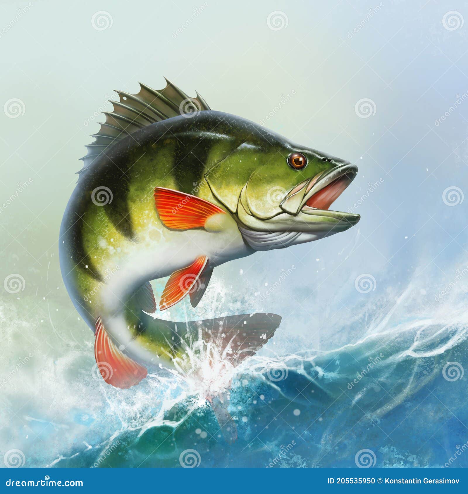 Perch Fish Jumps Out of Water Realistic Illustration. Stock Photo ...