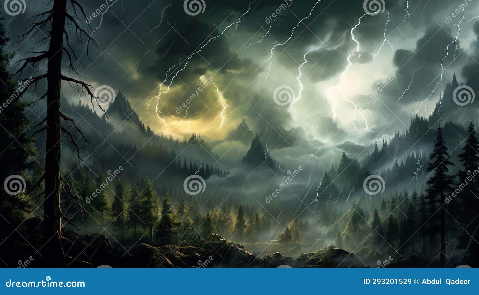 A Raging Thunderstorm Merging with a Dense Forest Stock Illustration ...