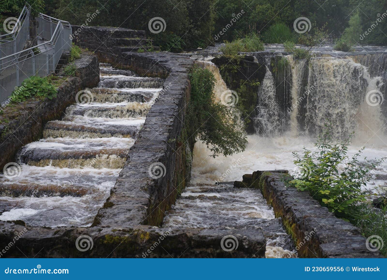 Raging Water of a Waterfalls Running through Steps Going into a Stream ...
