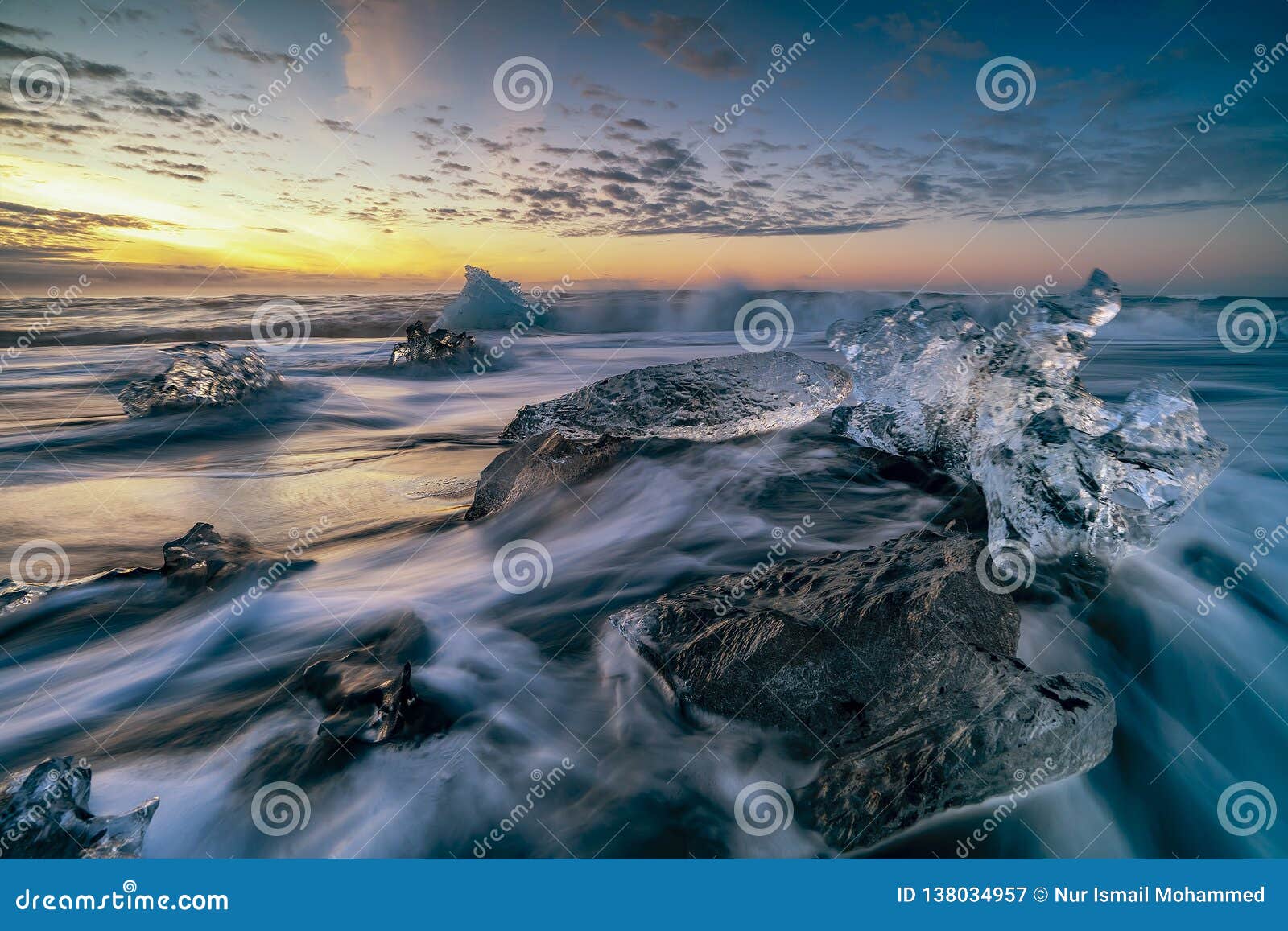 Raging Waves Smashing Ice Blocks at Sunrise on Diamond Beach Stock ...