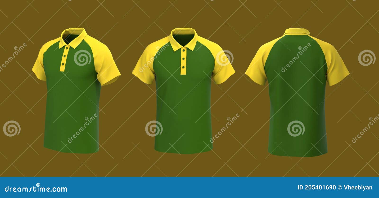 Raglan Collared Shirt Mockup in Front, Side and Back Views Stock ...