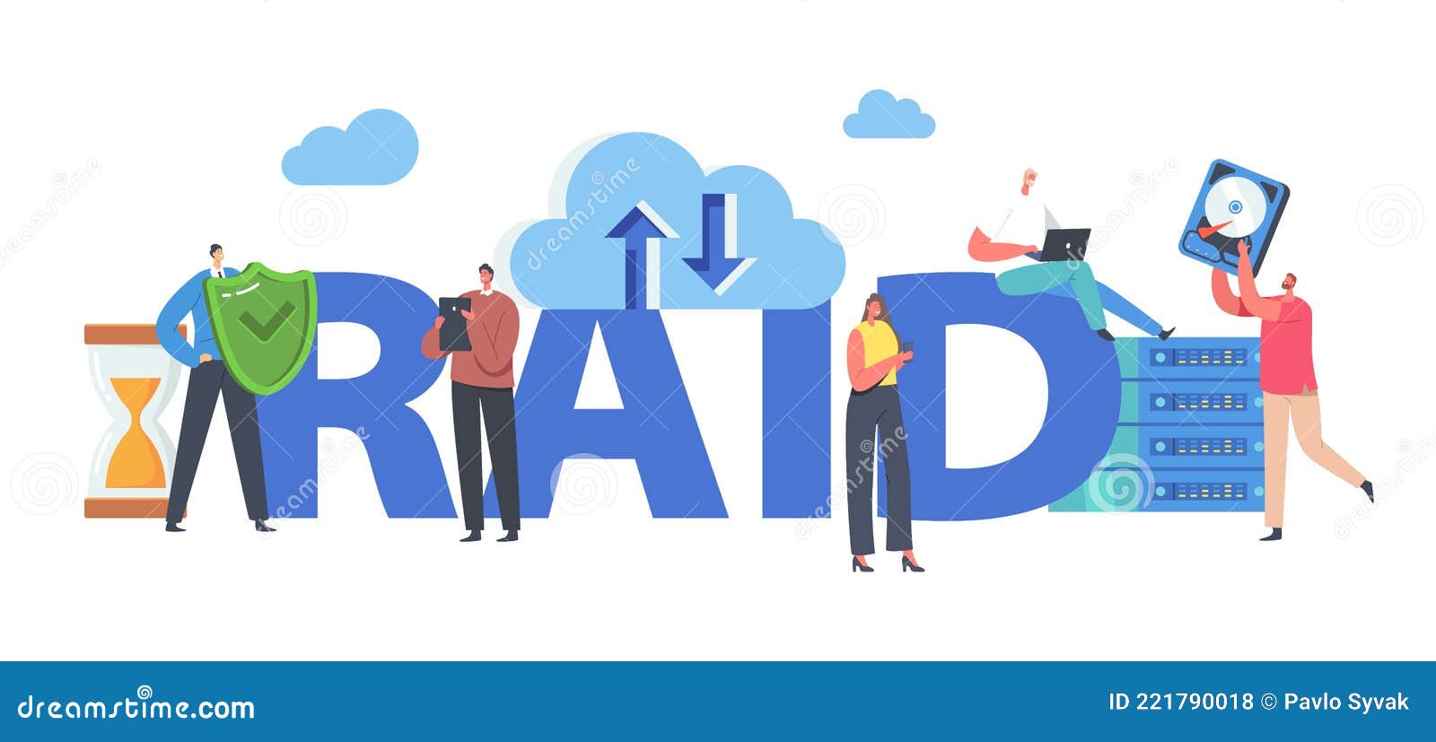 RAID Concept. Tiny Characters in Data Center Around Huge Laptop with Redundant Array of ...