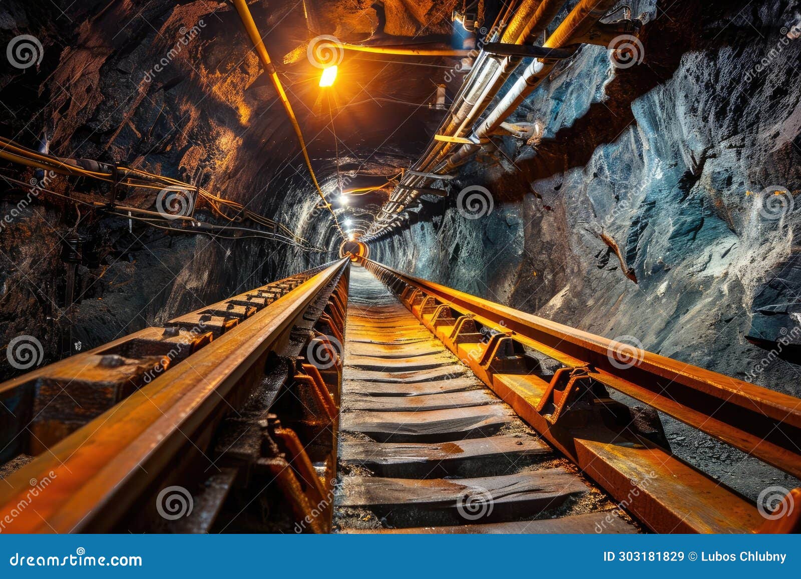 Rail Conveyor in an Underground Tunnel. Transportation of Ore or Coal To the Surface Stock ...