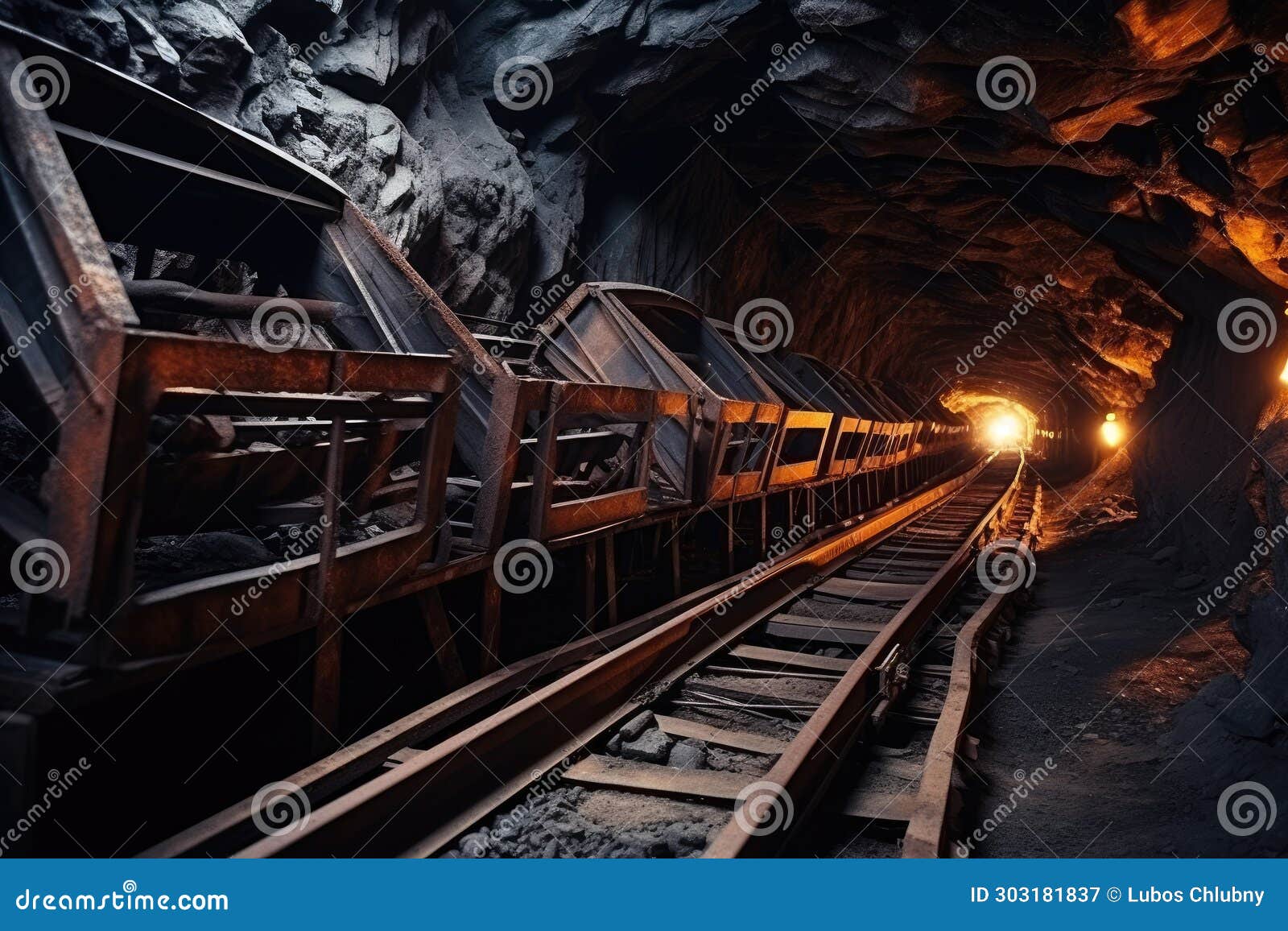 Rail Conveyor in an Underground Tunnel. Transportation of Ore or Coal To the Surface Stock ...