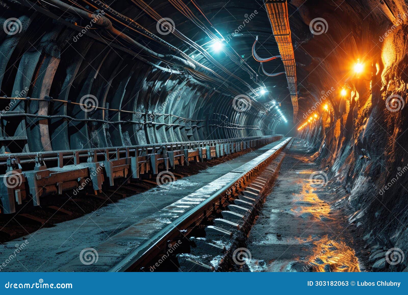 Rail Conveyor in an Underground Tunnel. Transportation of Ore or Coal To the Surface Stock ...