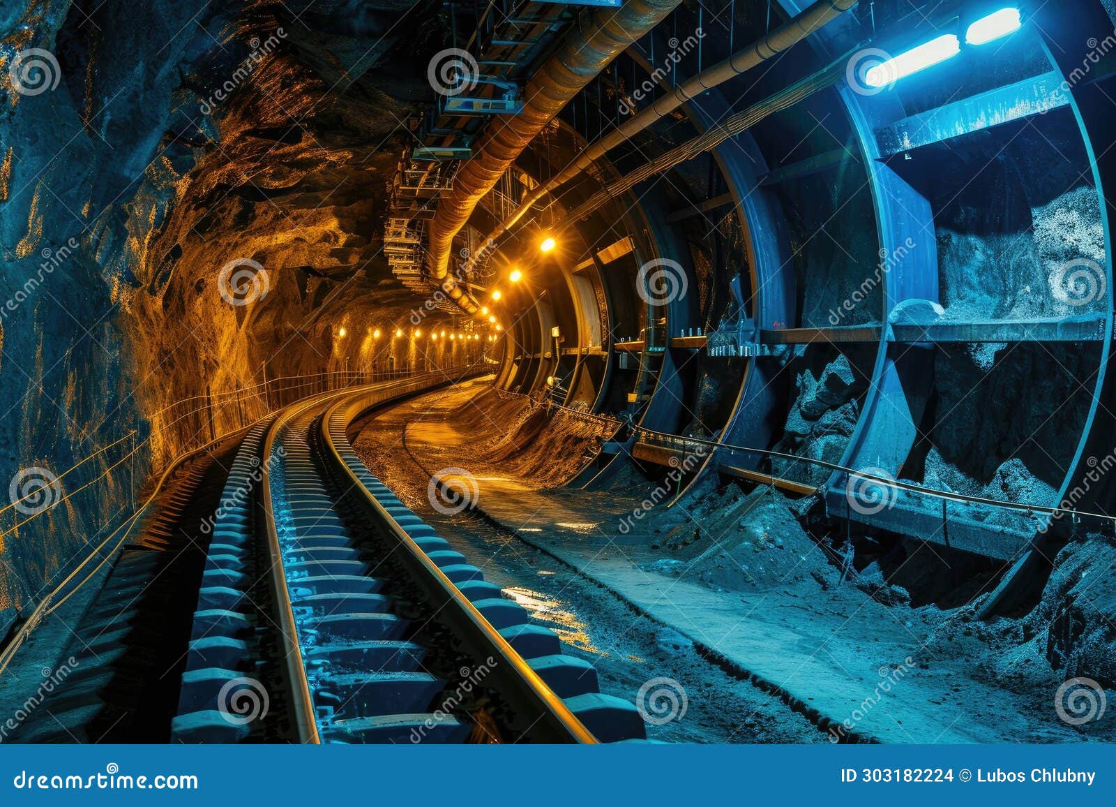 Rail Conveyor in an Underground Tunnel. Transportation of Ore or Coal To the Surface Stock ...