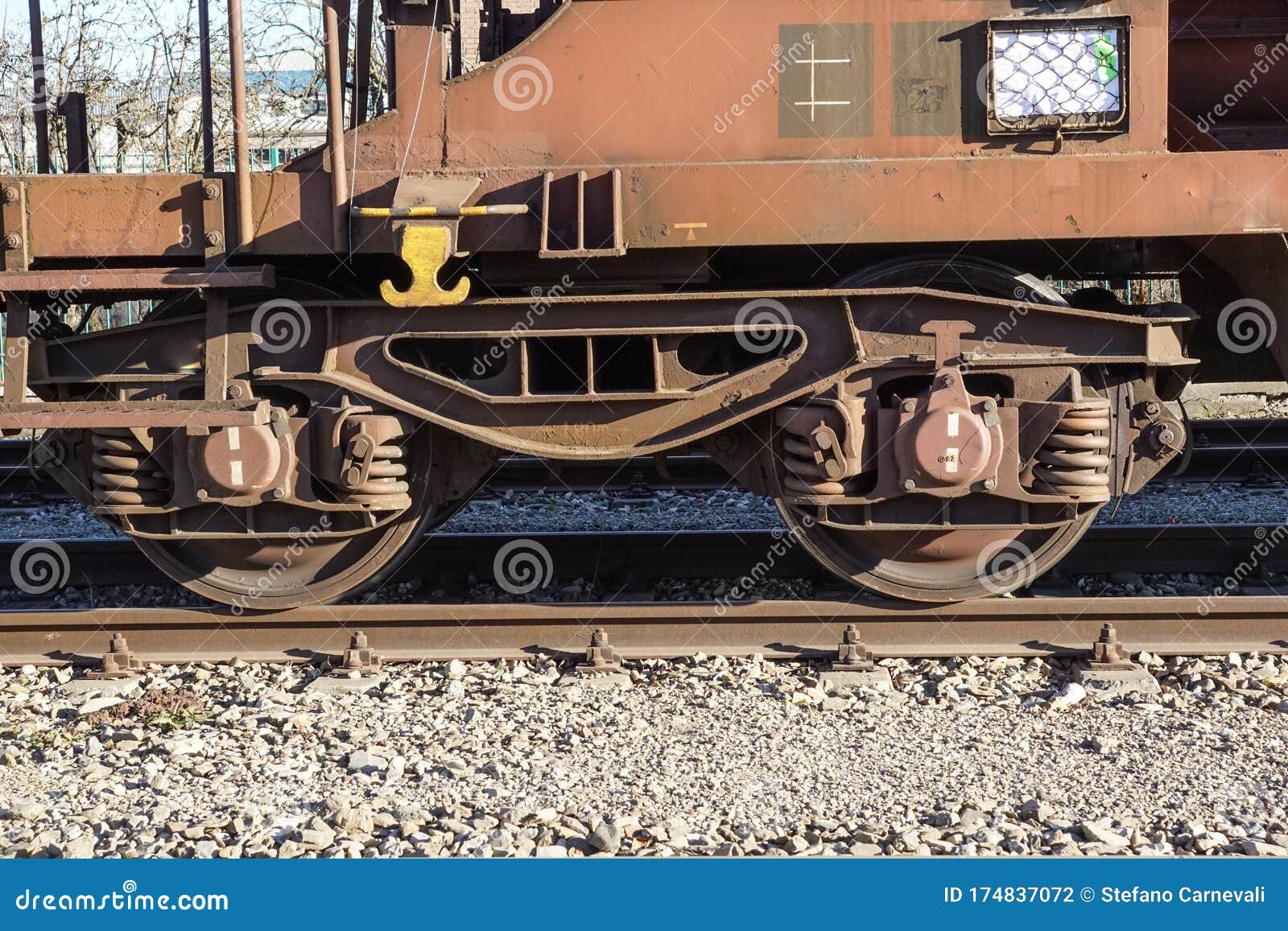 Rail Freight Car Close-up .Wheel Pair from a Freight Car on Rails ...