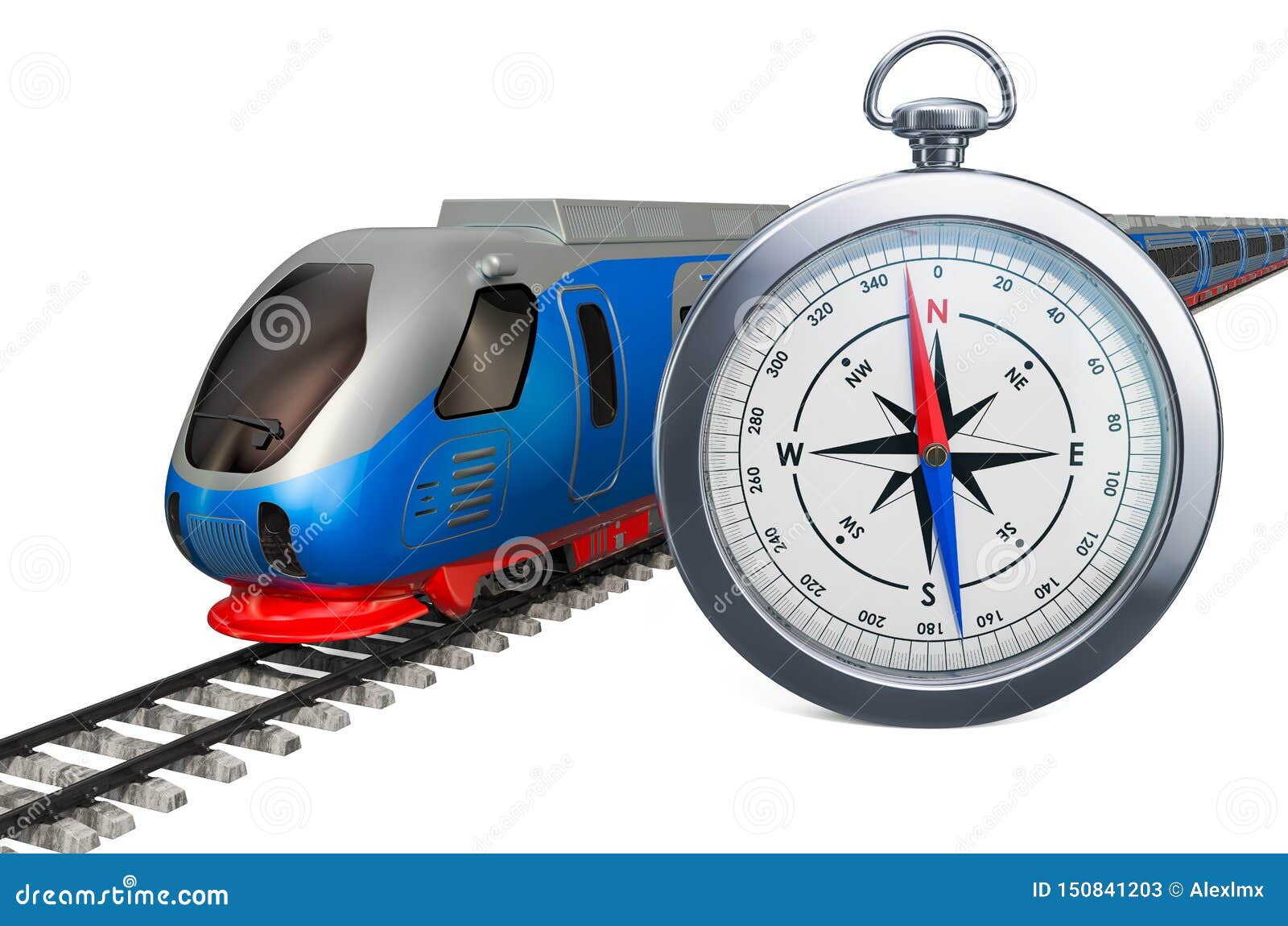 Rail Travel Concept. High Speed Train with Compass, 3D Rendering Stock ...