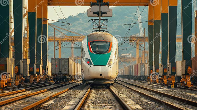 Rail Yard with Trains Carrying Freight Containers and Workers Loading ...