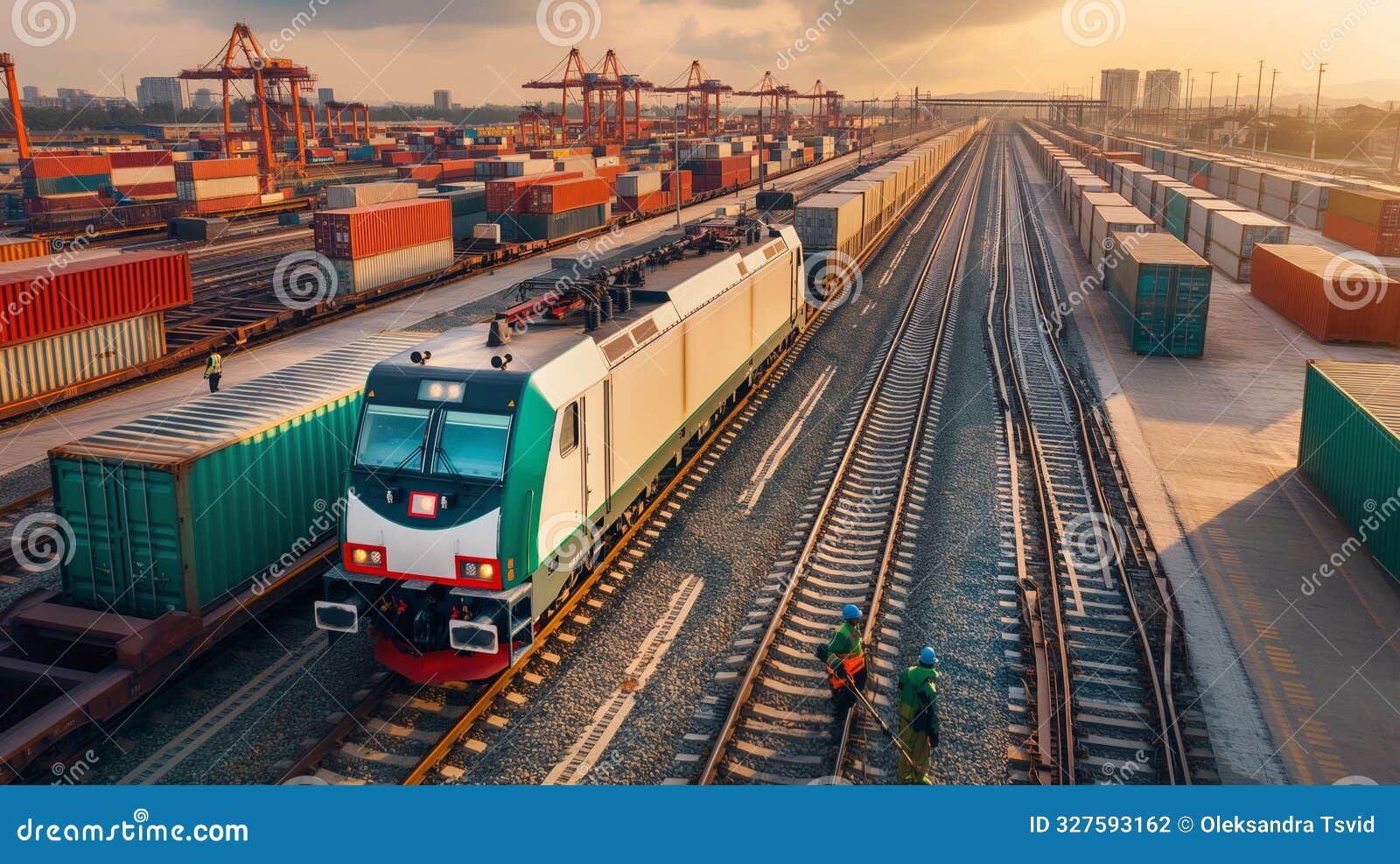 Rail Yard with Trains Carrying Freight Containers and Workers Loading ...