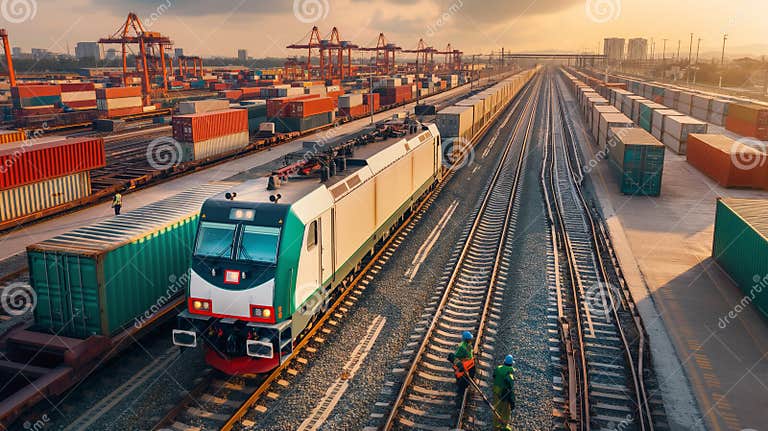 Rail Yard with Trains Carrying Freight Containers and Workers Loading ...