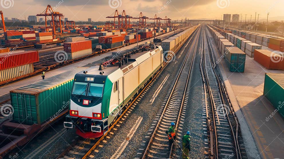 Rail Yard with Trains Carrying Freight Containers and Workers Loading ...