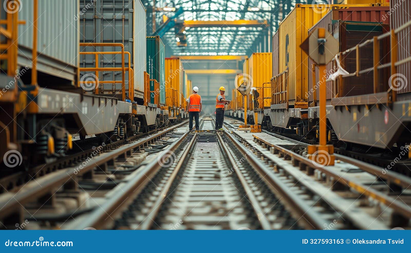 Rail Yard with Trains Carrying Freight Containers and Workers Loading ...