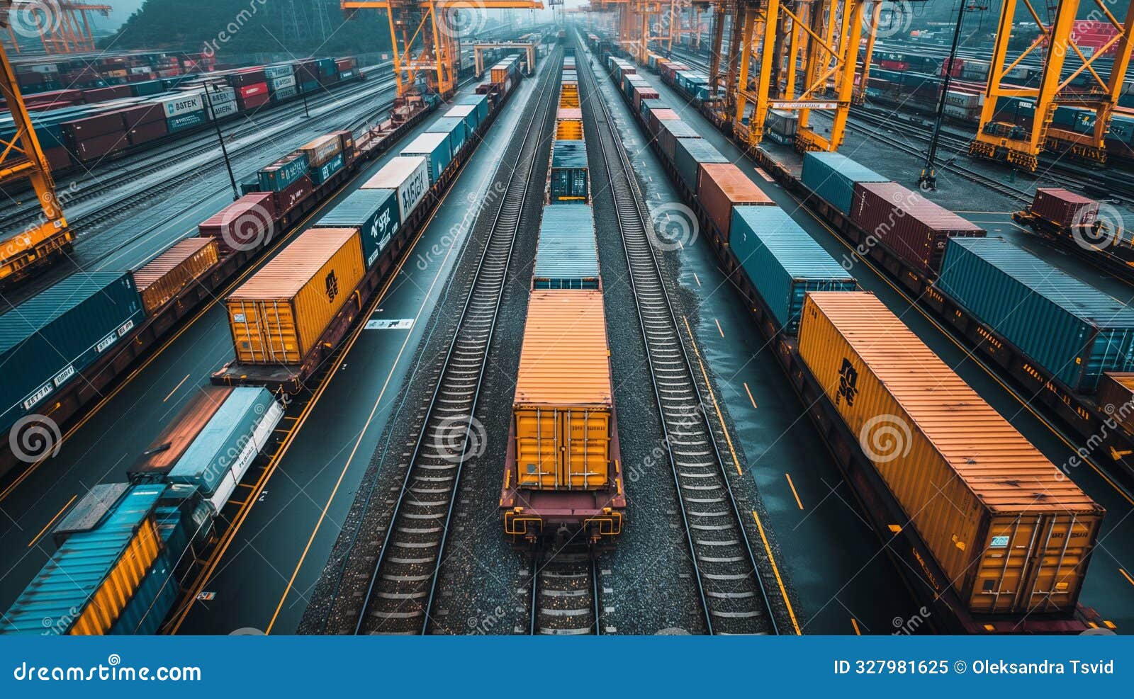 Rail Yard with Trains Carrying Freight Containers and Workers Loading ...