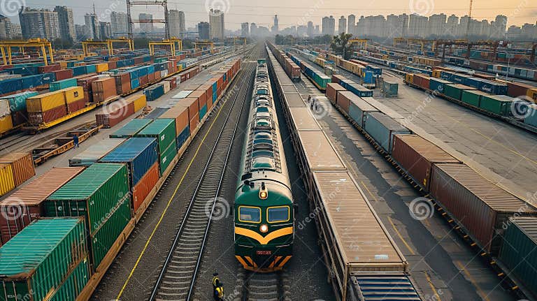 Rail Yard with Trains Carrying Freight Containers and Workers Loading ...