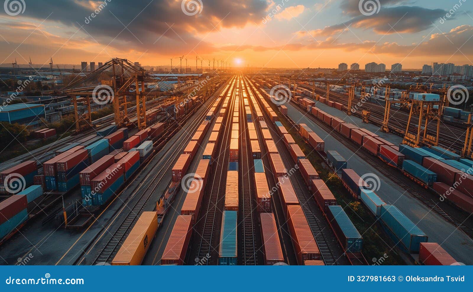 Rail Yard with Trains Carrying Freight Containers and Workers Loading ...