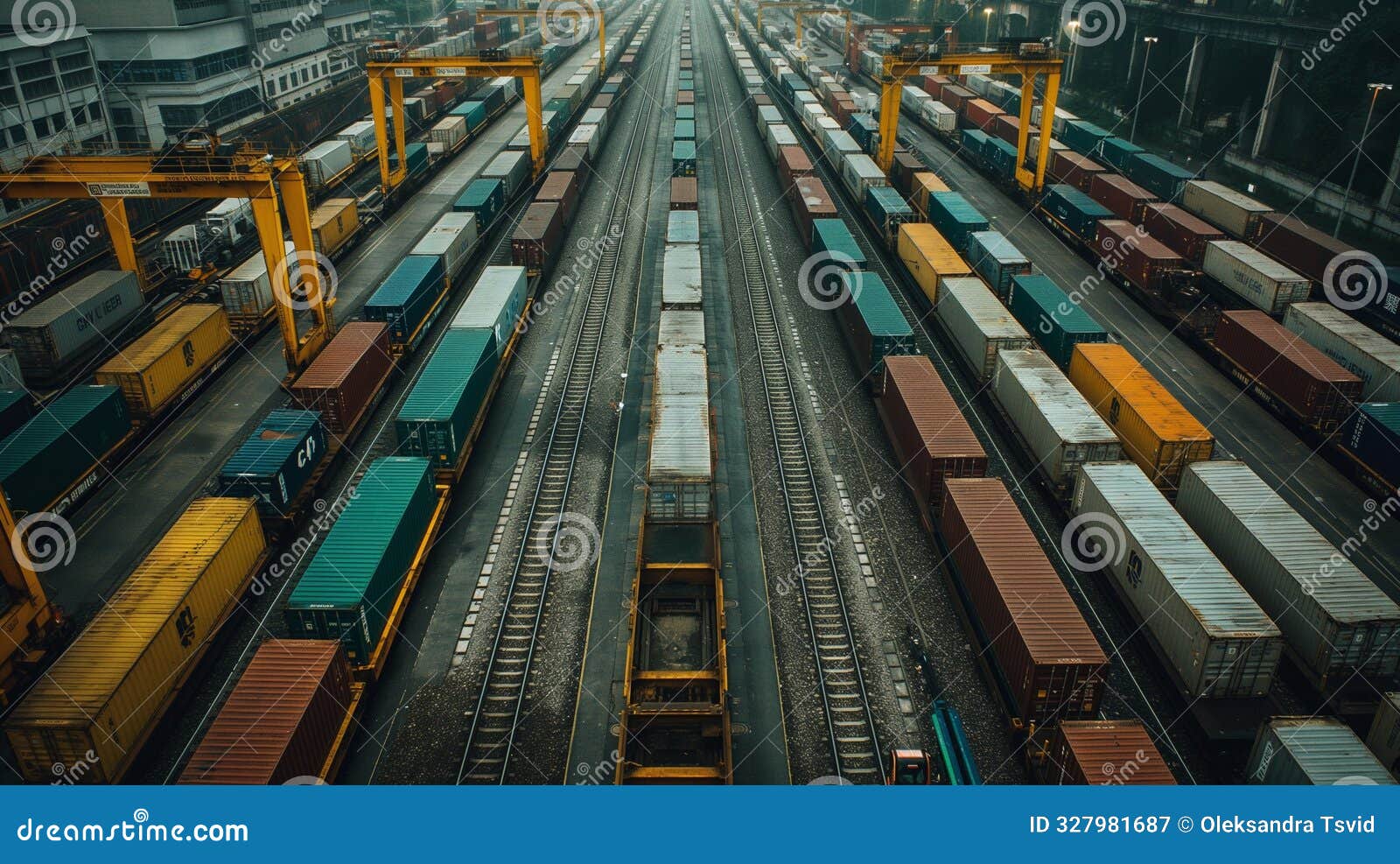 Rail Yard with Trains Carrying Freight Containers and Workers Loading ...