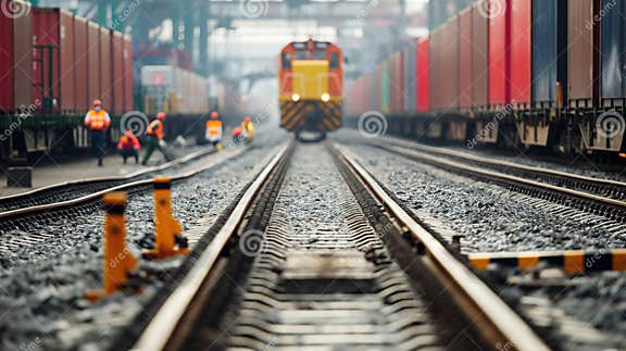 Rail Yard with Trains Carrying Freight Containers and Workers Loading ...