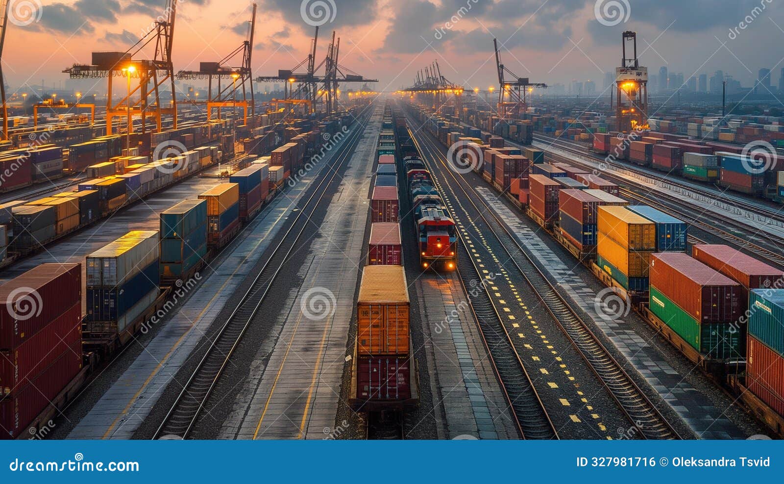 Rail Yard with Trains Carrying Freight Containers and Workers Loading ...