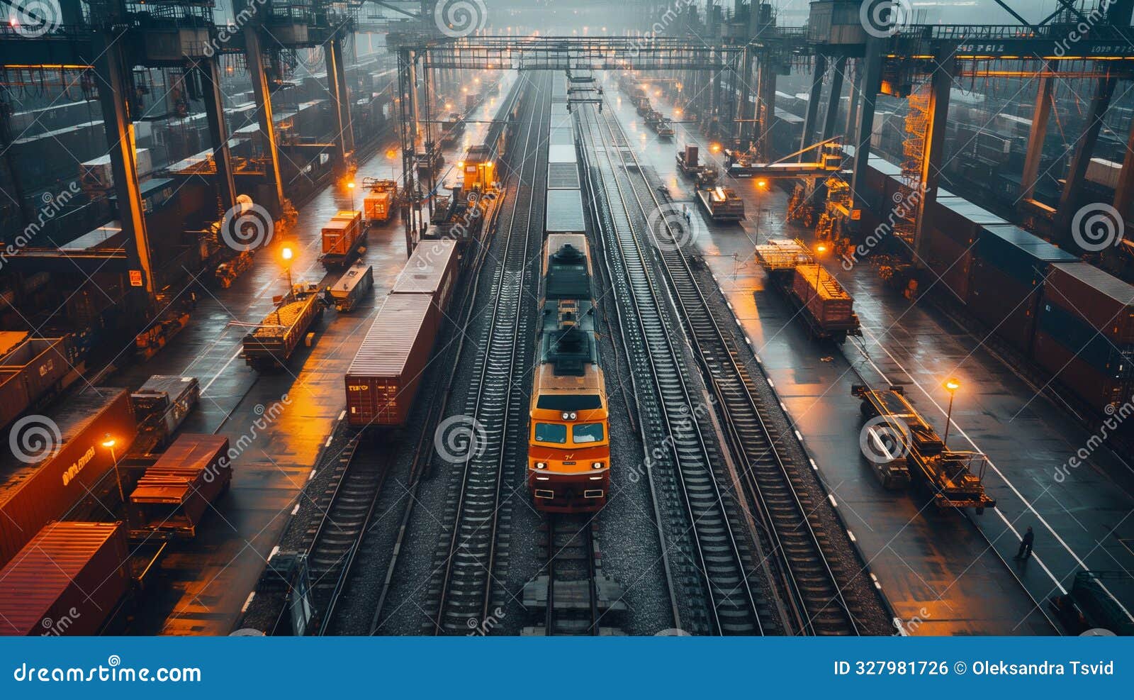 Rail Yard with Trains Carrying Freight Containers and Workers Loading ...