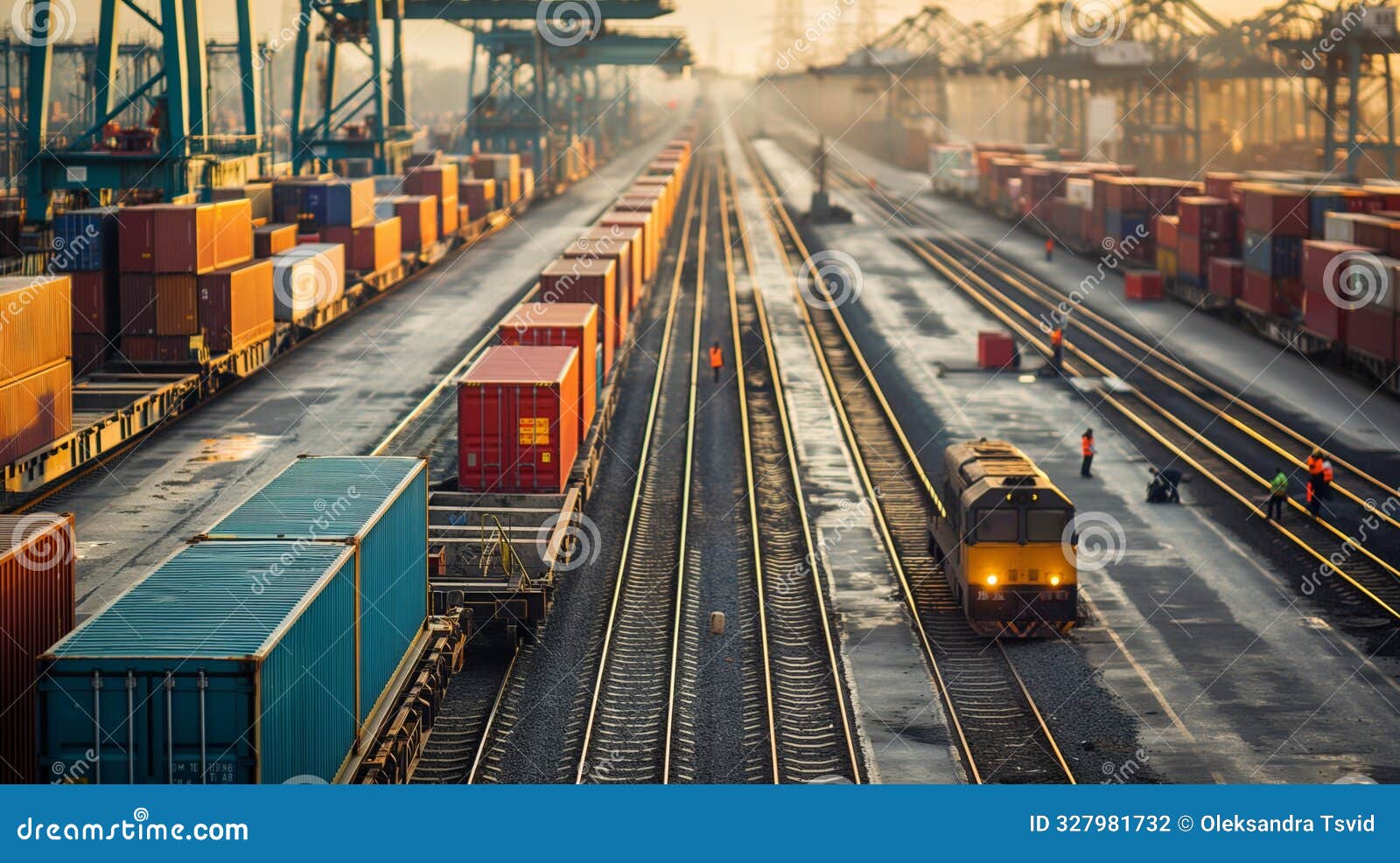 Rail Yard with Trains Carrying Freight Containers and Workers Loading ...