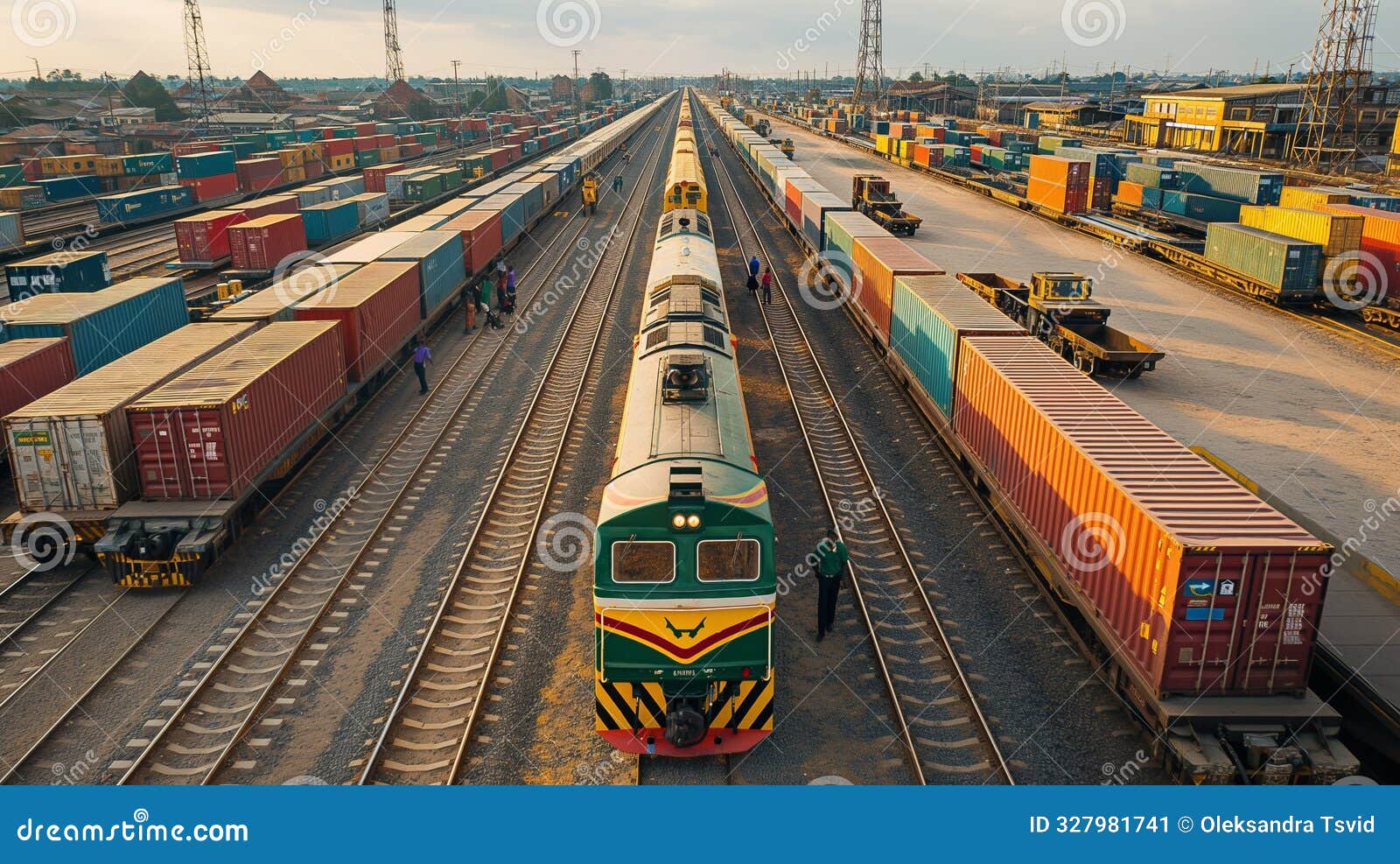 Rail Yard with Trains Carrying Freight Containers and Workers Loading ...