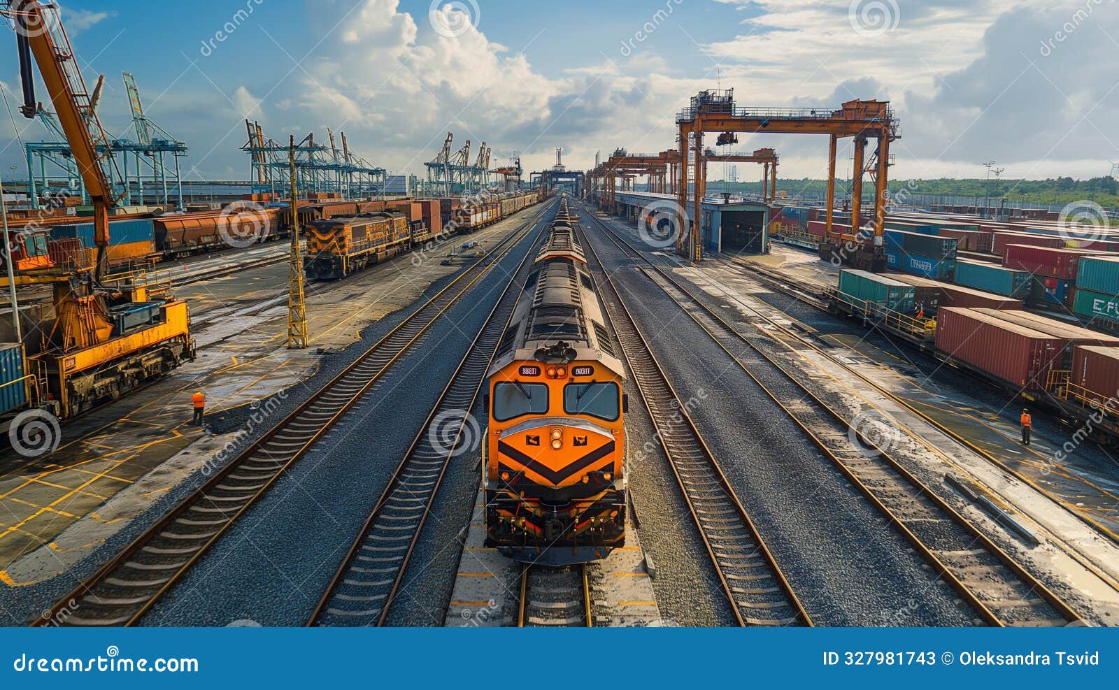 Rail Yard with Trains Carrying Freight Containers and Workers Loading ...