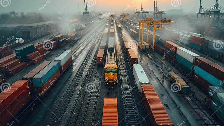 Rail Yard with Trains Carrying Freight Containers and Workers Loading ...