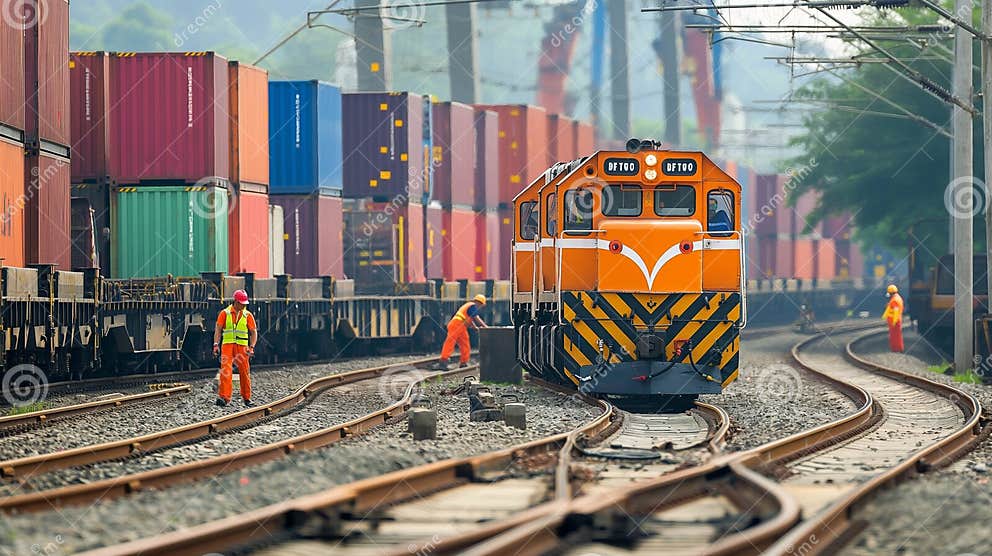 Rail Yard with Trains Carrying Freight Containers and Workers Loading ...