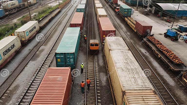 Rail Yard with Trains Carrying Freight Containers and Workers Loading ...