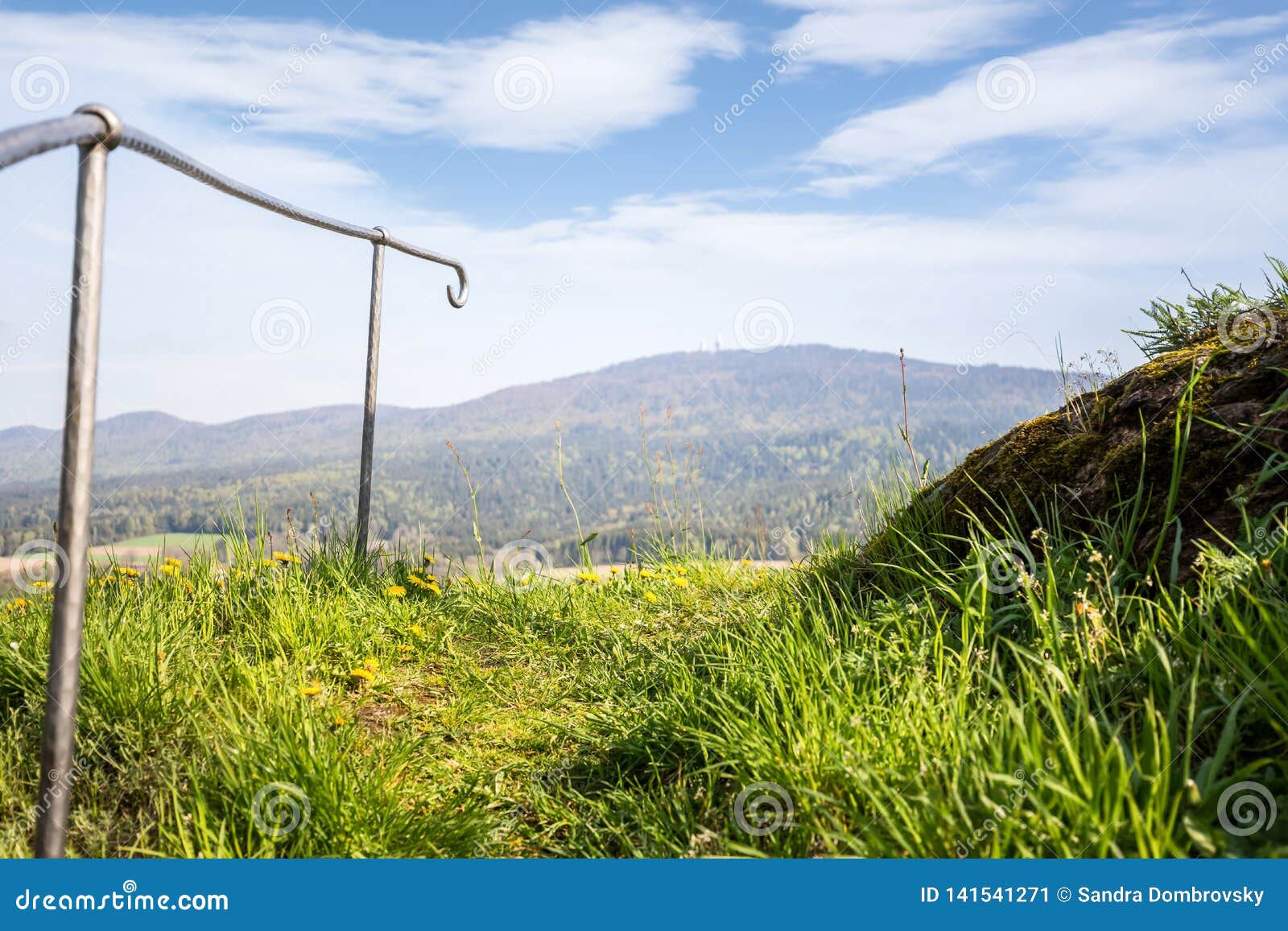 A Railing in a Meadow, Deep Perspective, View of Mountains Stock Image ...
