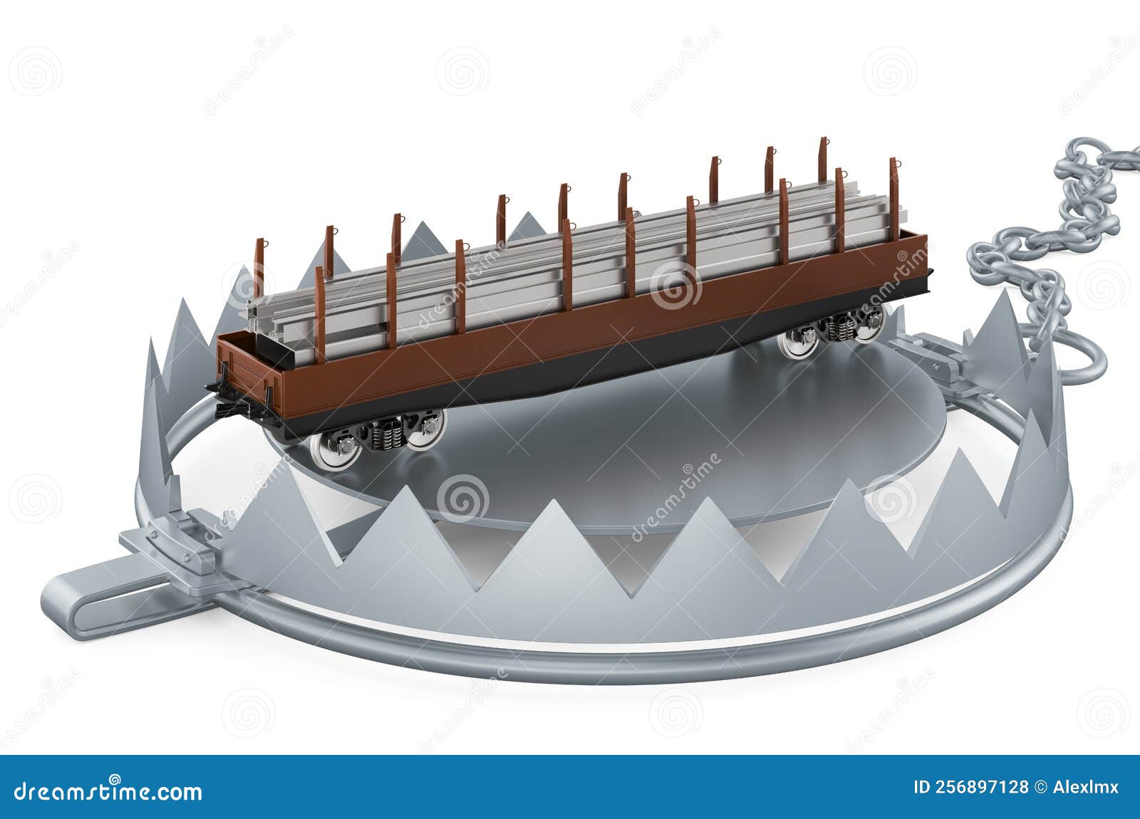 Railroad Car with Stack of Rolled Metal Products Inside Bear Trap, 3D ...