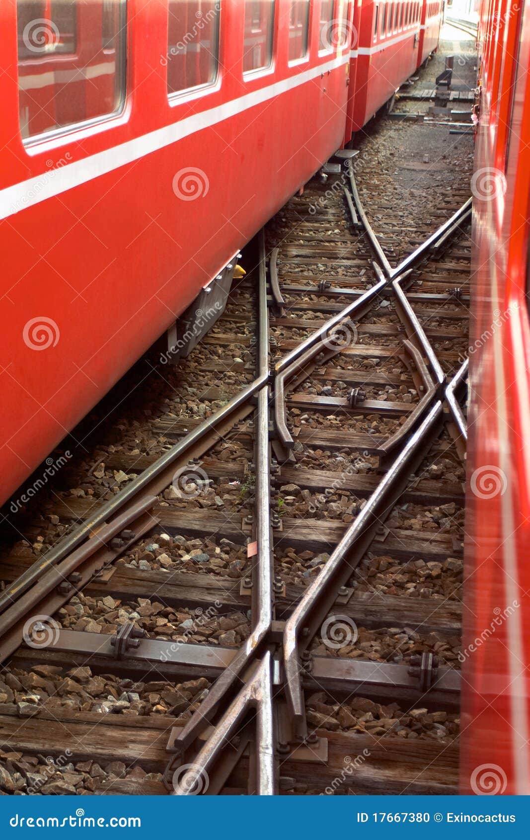 A Railroad Cross between Two Red Trains Stock Photo - Image of black ...
