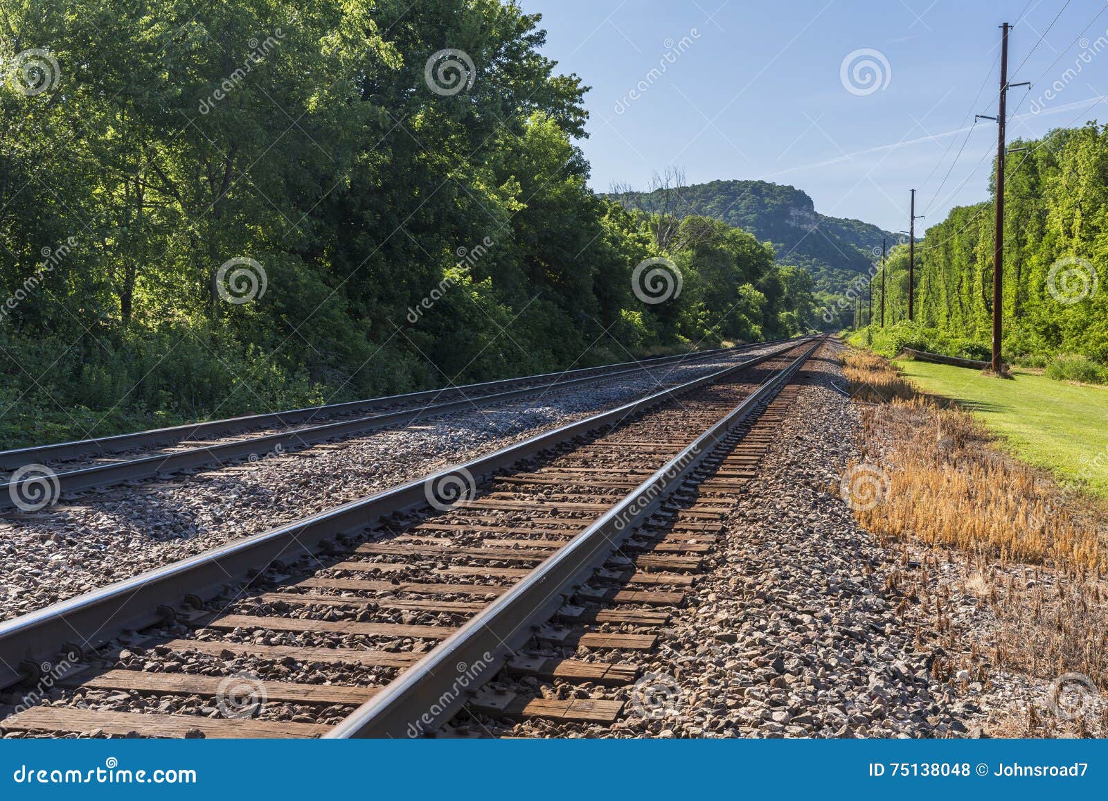 Double Track Train Rails With Gantries With Electric Catenaries In A ...