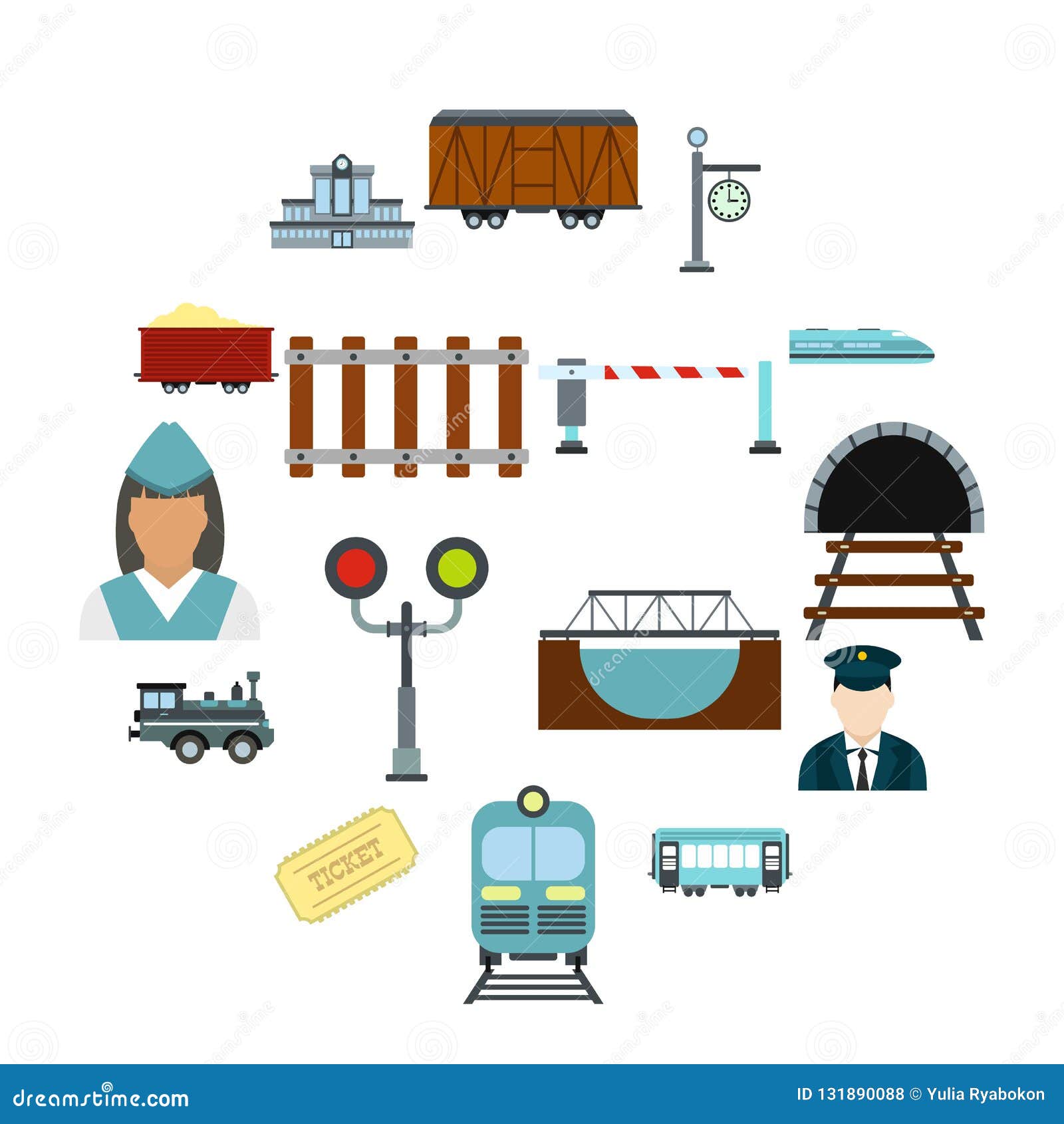 Railroad flat icons set stock vector. Illustration of passenger - 131890088