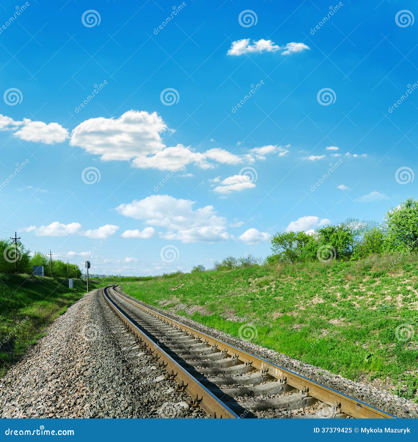 Railroad in Green Landscape and Blue Sky Stock Image - Image of rail ...