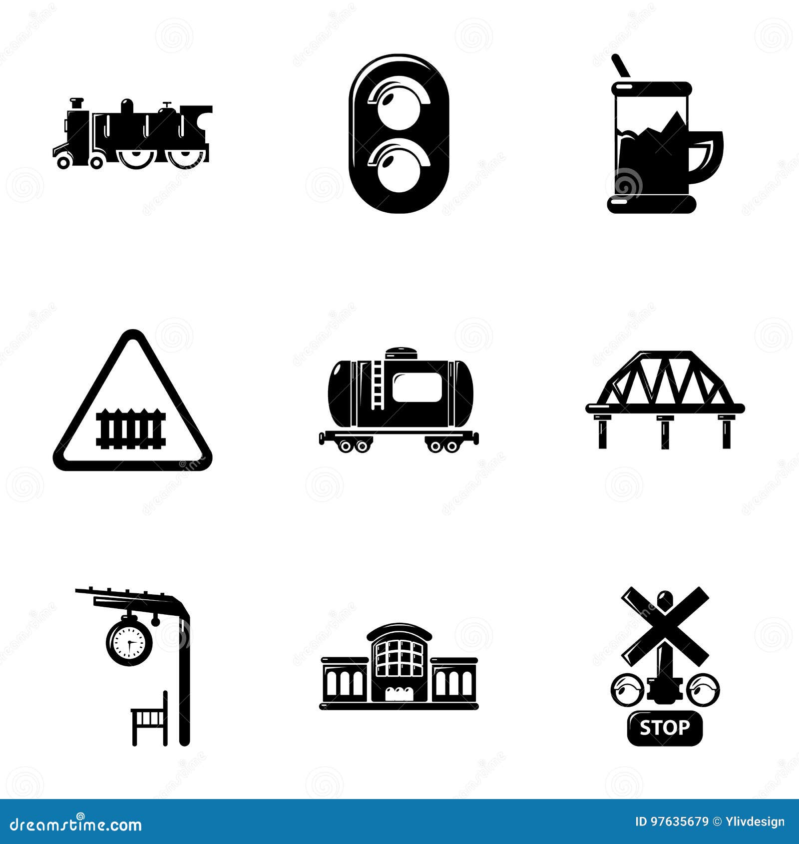 Railroad Icons Set, Simple Style Stock Vector - Illustration of black ...
