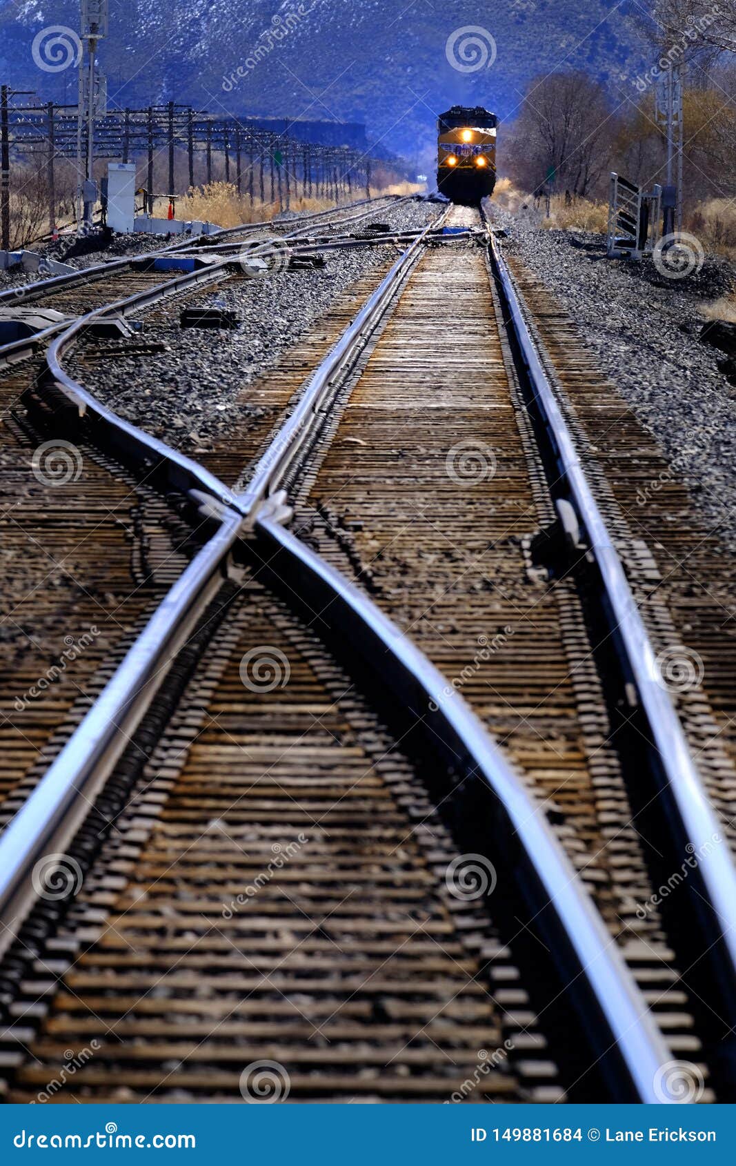 Railroad Line Tracks with Locomotive Engine Stock Photo - Image of ...