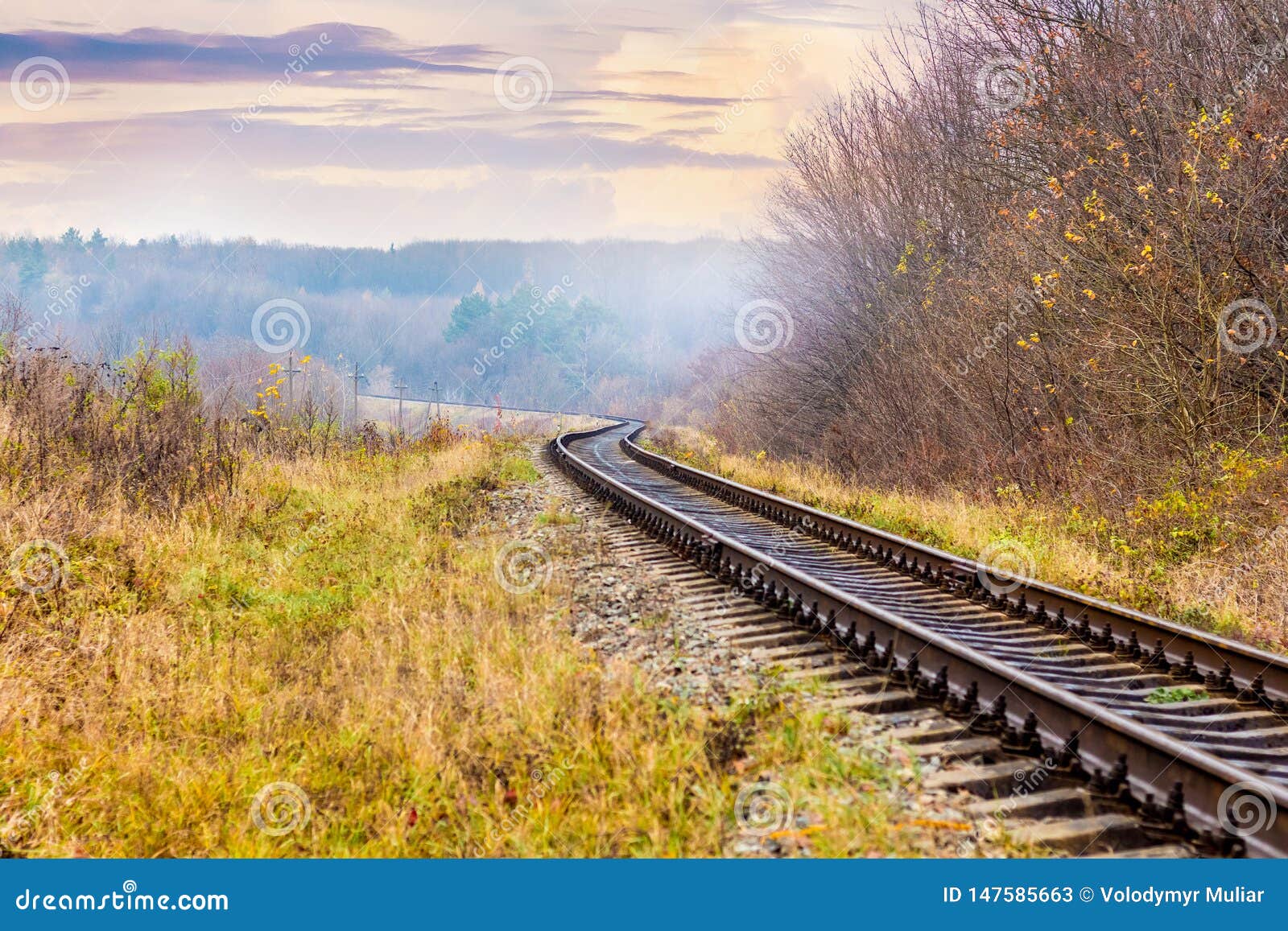 The Railroad Runs through the Forest with Colorful Autumn Trees_ Stock ...