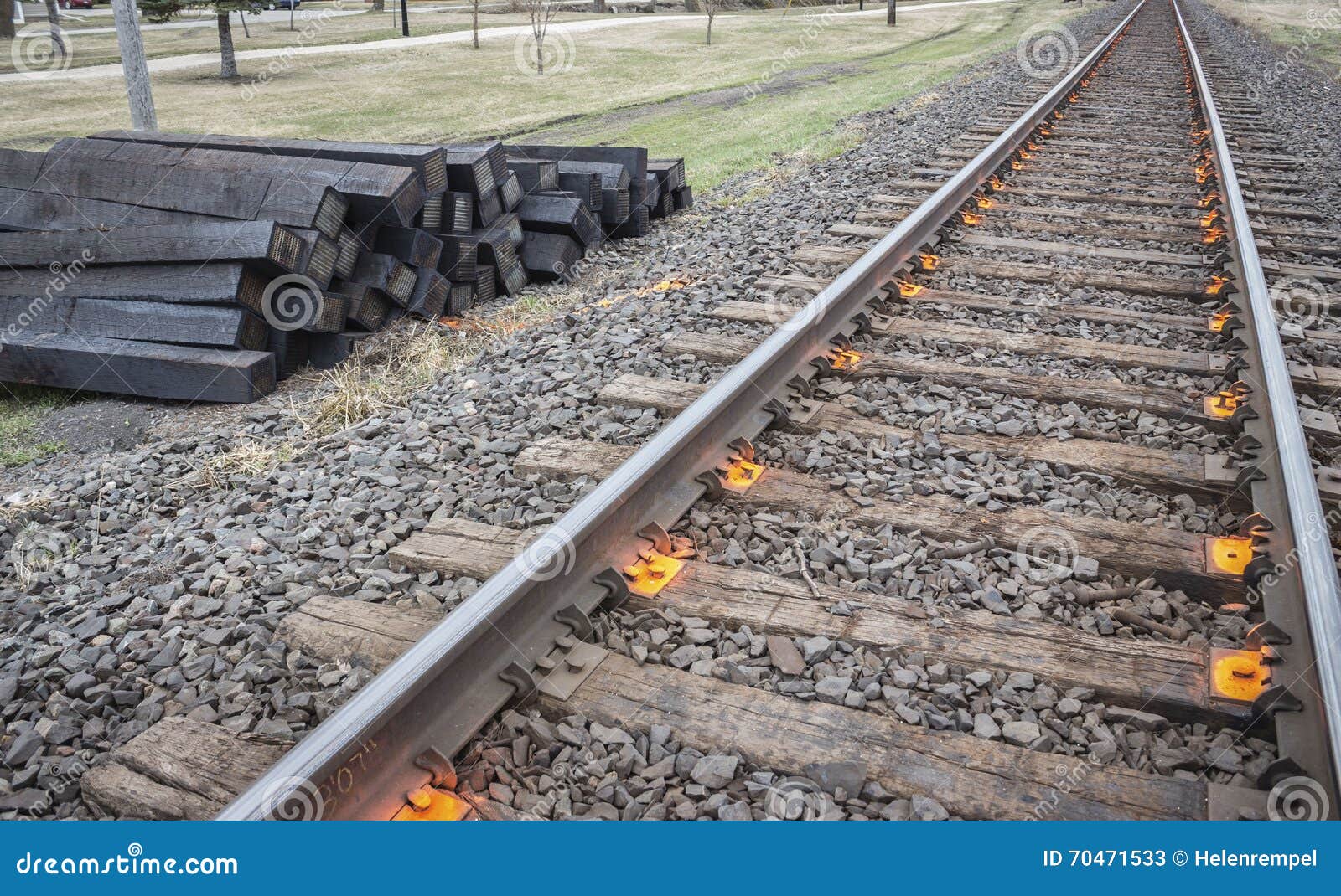 Railroad Ties Lying beside Railroad Tracks. Stock Image - Image of iron ...