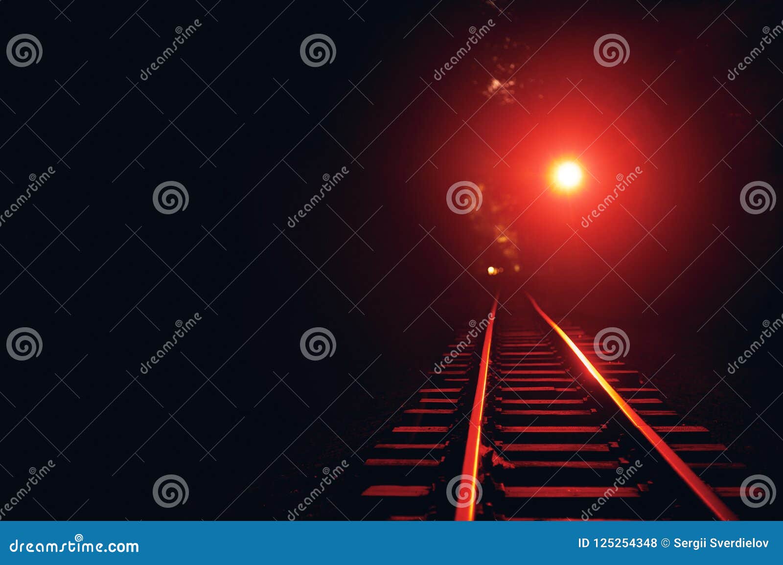 Railroad Track at Night. Red Light is on Stock Photo - Image of long ...